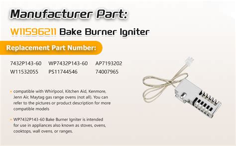 Upgraded W11596211 P7432p143 60 Gas Range Oven Igniter