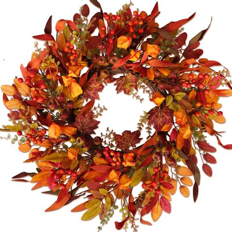 24 Fall Wreath For Front Door Orange Faux Maple Leaves