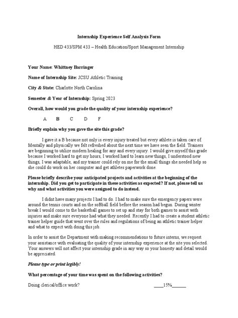 Whittney Barringer Self Analysis Form Hed Pdf Psychology