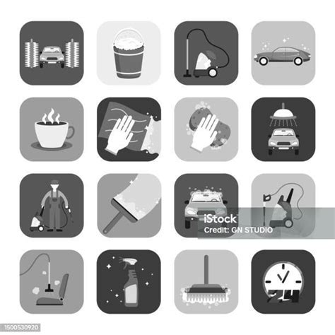 흰색 배경에 분리된 세차장 아이콘 집합입니다 세차 과정의 픽토그램 표지판의 큰 컬렉션입니다 전단지와 웹 포스터에 인쇄를 위한 다채로운 로고 자동차 청소 플랫 벡터 그림 교통