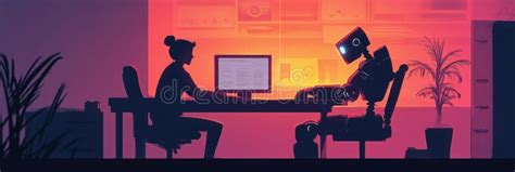 Human And Robot Collaborate At A Desk On A Shared Project In A Modern Workspace During Evening