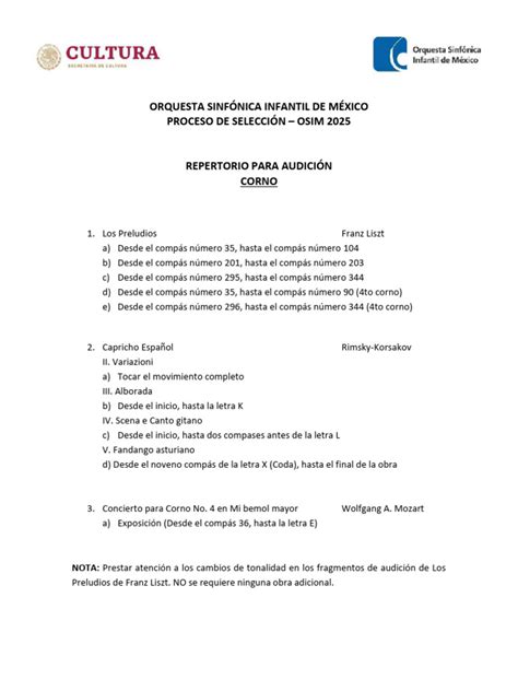 Audicion Osim2025 Corno Pdf Orquestas Sinfónicas Composiciones Musicales