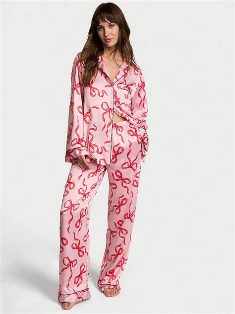 Chalk Roselipstick Bows Pink Satin Long Pyjama Set Victorias Secret