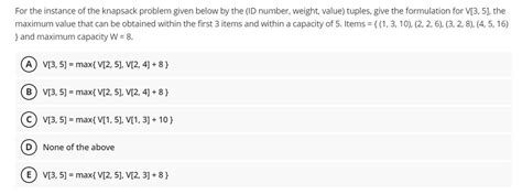 solved for the instance of the knapsack problem given below
