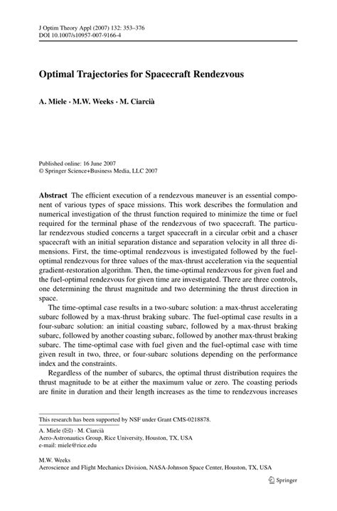 Pdf Optimal Trajectories For Spacecraft Rendezvous