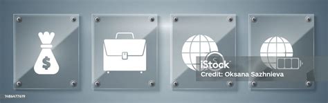 지구 지구 달러 기호가 있는 지구 지구 서류 가방 및 돈 가방으로 배터리 충전 수준 표시기를 설정합니다 정사각형 유리 패널 벡터 가방에 대한 스톡 벡터 아트 및 기타 이미지