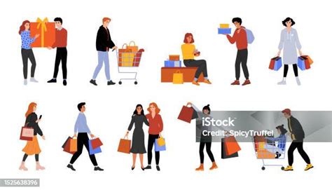 사람들은 소매점에서 쇼핑합니다 가방과 카트를 가진 구매자 구매하는 사람 쇼핑몰 판매에 여자입니다 선물을 가진 남자 부부는 선물을 가지고 다닙니다 친구들은 옷을 산다 벡터