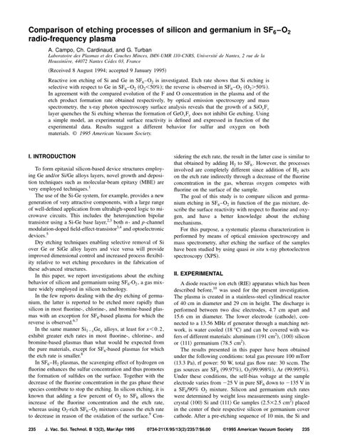 Pdf Comparison Of Etching Processes Of Silicon And Germanium In Sf6 O2 Radio‐frequency Plasma
