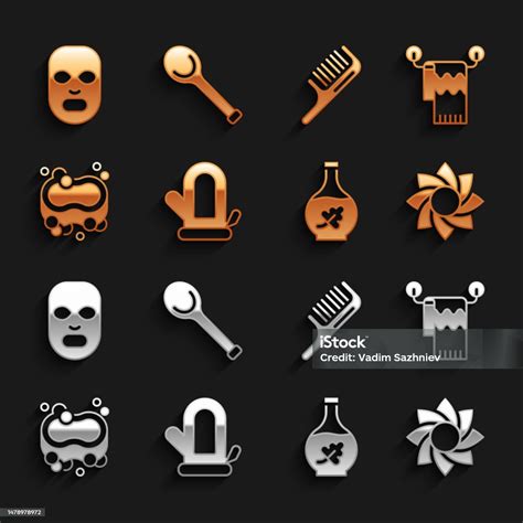 사우나 벙어리 장갑 옷걸이에 수건 꽃 에센셜 오일 병 비누 바 헤어 브러시 페이셜 화장품 마스크 및 국자 아이콘을 설정합니다 벡터 0명에 대한 스톡 벡터 아트 및 기타