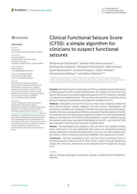 Pdf Clinical Functional Seizure Score Cfss A Simple Algorithm For