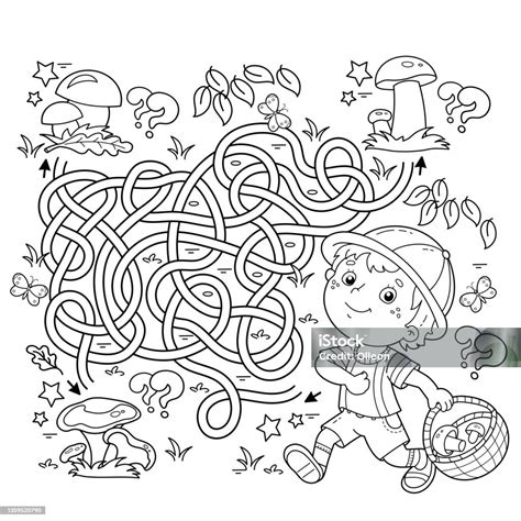 미로 또는 미로 게임 수수께끼 얽힌 도로 색칠 페이지 바구니와 만화 재미 소년의 개요 작은 버섯 피커 아이들을위한 색칠 공부책 교육에 대한 스톡 벡터 아트 및 기타 이미지