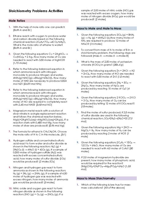 W163 Stoichiometry Problems Activities Stoichiometry Problems