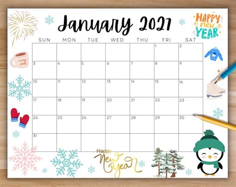 Editable January 2027 Calendar Printable Calendar W Cute Winter Happy