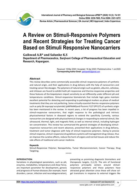 Pdf A Review On Stimuli Responsive Polymers And Recent Strategies For Treating Cancer Based On