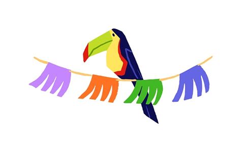 귀여운 큰부리새가 색종이 화환 위에 앉아 있습니다 열대 조류는 브라질 리오의 카니발 장식으로 줄을 매고 있습니다 큰 부리를 가진 이국적인 앵무새 흰색 배경에 평면 절연 벡터