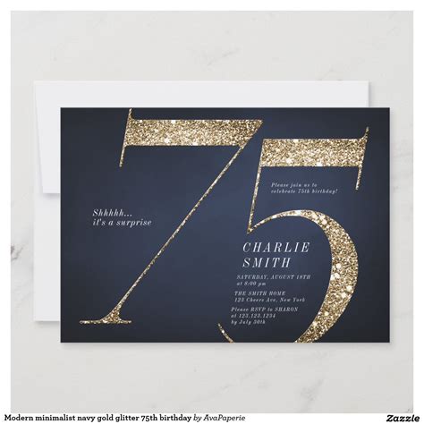 Modern Minimalist Navy Gold Glitter 75th Birthday Invitation Zazzle