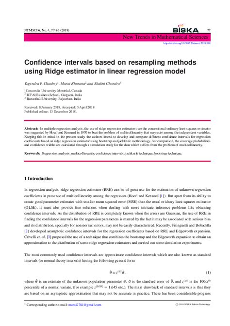 Pdf Confidence Intervals Based On Resampling Methods Using Ridge