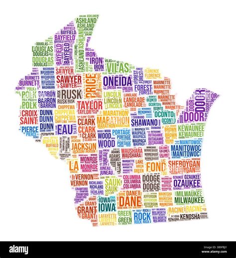 Wisconsin County Word Cloud State Shape Design Wisconsin Colored Illustration County Names