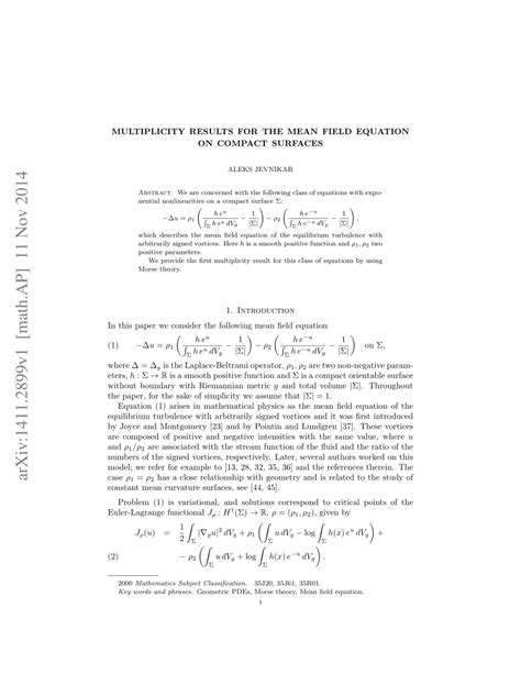 Pdf A Note On A Multiplicity Result For The Mean Field Equation On Compact Surfaces