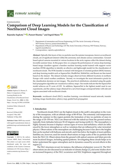PDF Comparison Of Deep Learning Models For The Classification Of Noctilucent Cloud Images