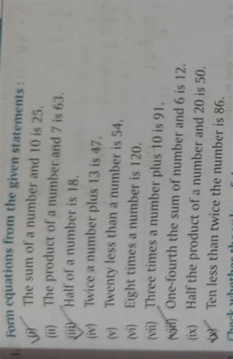 Form Equations From The Given Statements I The Sum Of A Number And