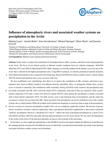 Pdf Influence Of Atmospheric Rivers And Associated Weather Systems On Precipitation In The Arctic