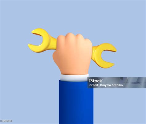 3d 만화 손 들고 렌치 도구는 파란색 배경에 고립되어 있습니다 벡터 3d 일러스트 레이 션 0명에 대한 스톡 벡터 아트 및