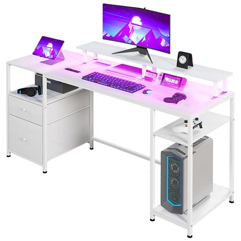 HOMCOM 61 Computer Table With LED Lights PC Desk With Power Outlets USB Ports Storage