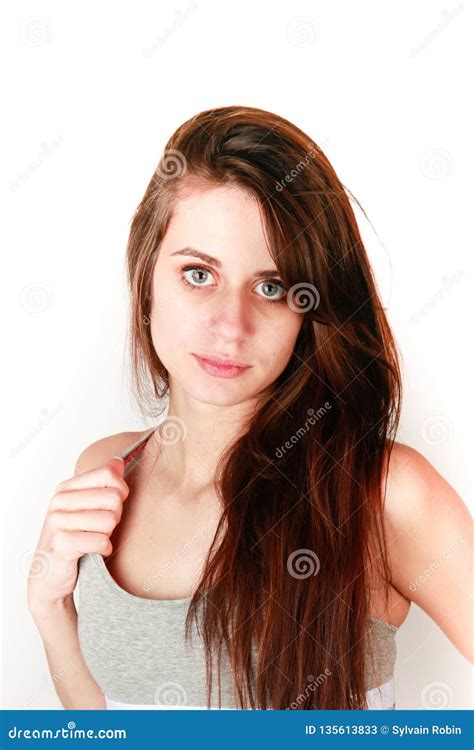 Cute Brunette With Long Hair She Is Beautiful And Pretty Stock Image