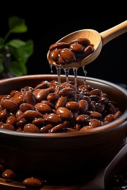 premium ai image a wooden spoon of java beans flying over dark background