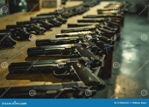 Multiple Firearms Are Neatly Arranged On A Table Guns Lined Up Neatly