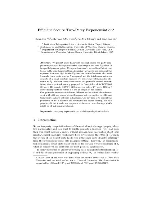 Pdf Efficient Secure Two Party Exponentiation