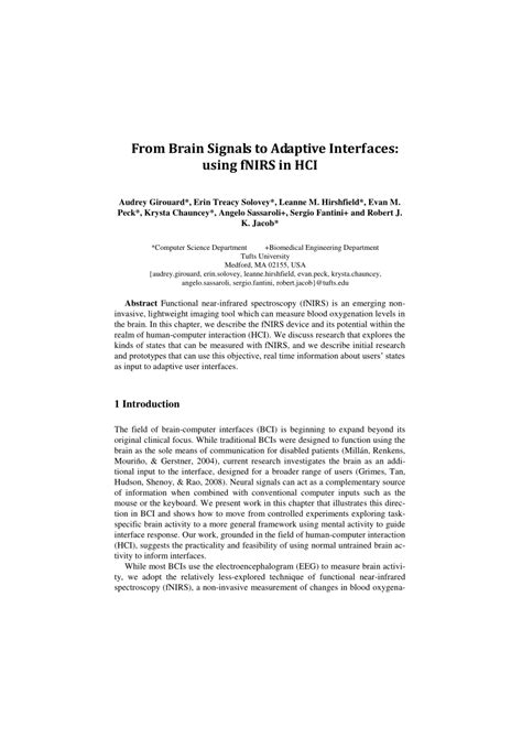 Pdf From Brain Signals To Adaptive Interfaces Using Fnirs In Hci
