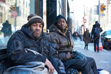 Two Homeless Men Sitting On The Sidewalk Of A City Street Bundled In