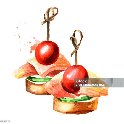 축제 테이블에 대한 전채 오이 조각 신선한 연어 필레 체리 토마토를 곁들인 미니 카나페 흰색 배경에 격리 된 수채화 손으로 그린 그림 고명에 대한 스톡 벡터 아트 및 기타