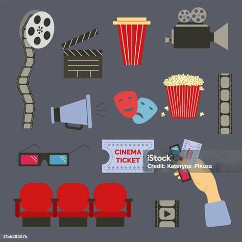 시네마 요소 세트입니다 필름 릴 팝콘 3d 안경 클래퍼 보드 영화 티켓 확성기 메가폰 소다 극장 마스크 좌석 벡터 3d 안경에