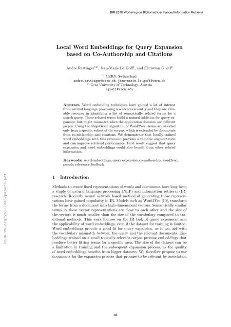 Pdf Local Word Embeddings For Query Expansion Based On Co Authorship And Citations