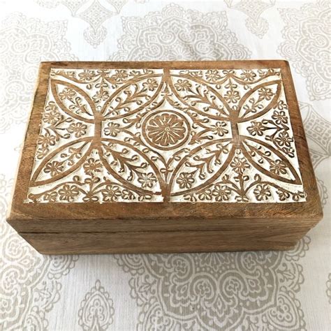 Storage And Organization New Mango Wood Handcarved Floral Decorative