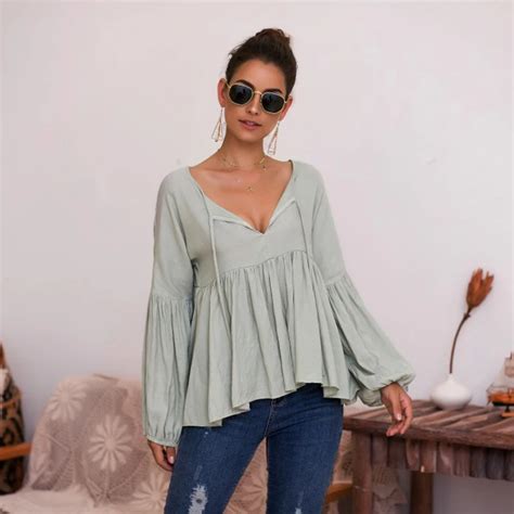 여성 탑스 가을 겨울 블라우스 섹시한 V 넥 롱 퍼프 슬리브 솔리드 컬러 스플 라이스 루스 패션 숙녀 탑스블라우스 And 셔츠 Aliexpress