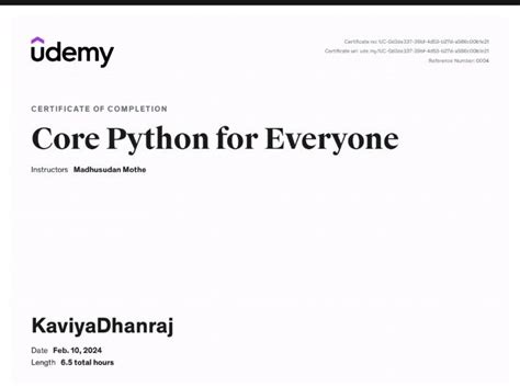 completion of core python course on udemy kaviya dhanraj posted on the topic linkedin