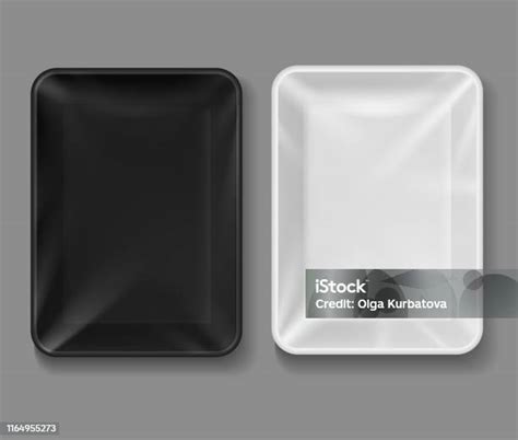 플라스틱 트레이 투명 랩 야채 고기에 대한 검은 색과 흰색 빈 용기와 식품 패키지 진공 상자 3d 벡터 모형 3차원 형태에 대한 스톡 벡터 아트 및 기타 이미지 Istock