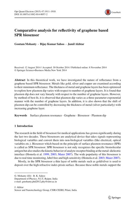 Pdf Comparative Analysis For Reflectivity Of Graphene Based Spr Biosensor
