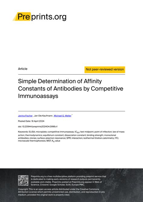 Pdf Simple Determination Of Affinity Constants Of Antibodies By