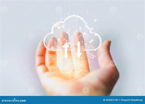 Hand Touching Infographic Cloud Computing And Technology Icons Cloud Technology Stock Photo