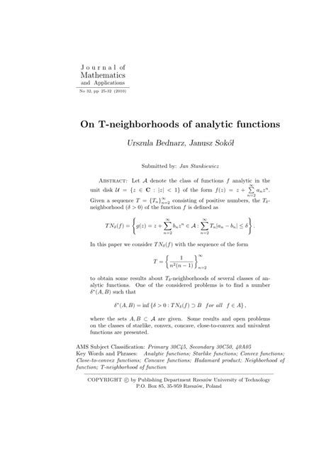 Pdf On T Neighborhoods Of Analytic Functions