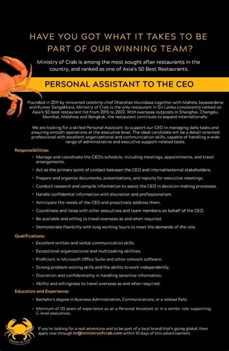 Personal Assistant To The Ceo Jobseekerlk