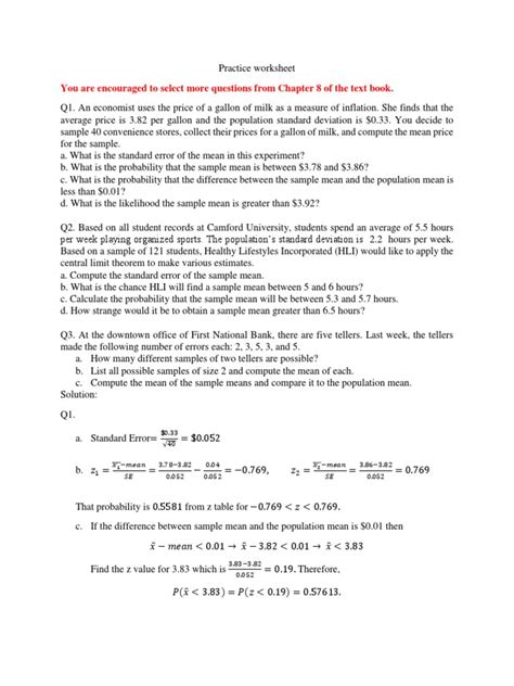 19 Practice Worksheet Pdf Sampling Statistics Standard Error