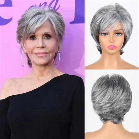 Leosa Short Silver Ombre Gray Curly Wig Layered Curly