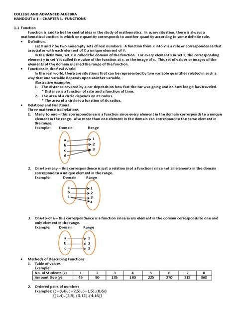 College And Advanced Algebra Handout 1 Chapter 1 Functions Pdf