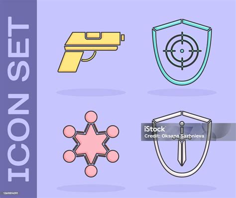 칼 권총 또는 총 경찰 배지 와 대상 스포츠 아이콘과 중세 방패를 설정합니다 벡터 총에 대한 스톡 벡터 아트 및 기타 이미지 총 횡단 검 Istock